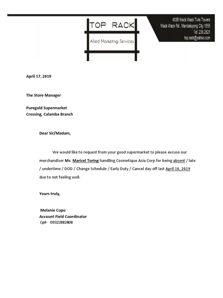 Undertime Excuse Letter for Employee | PDF