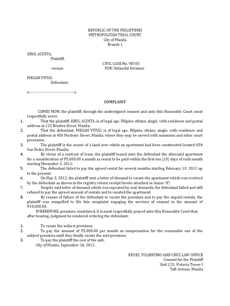 Complain Answer Sample | PDF | Plaintiff | Lawsuit