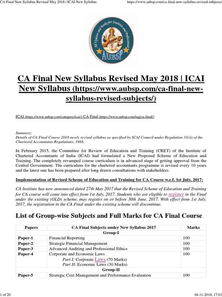 CA Final New Syllabus Revised May 2018 - ICAI New Syllabus | PDF ...