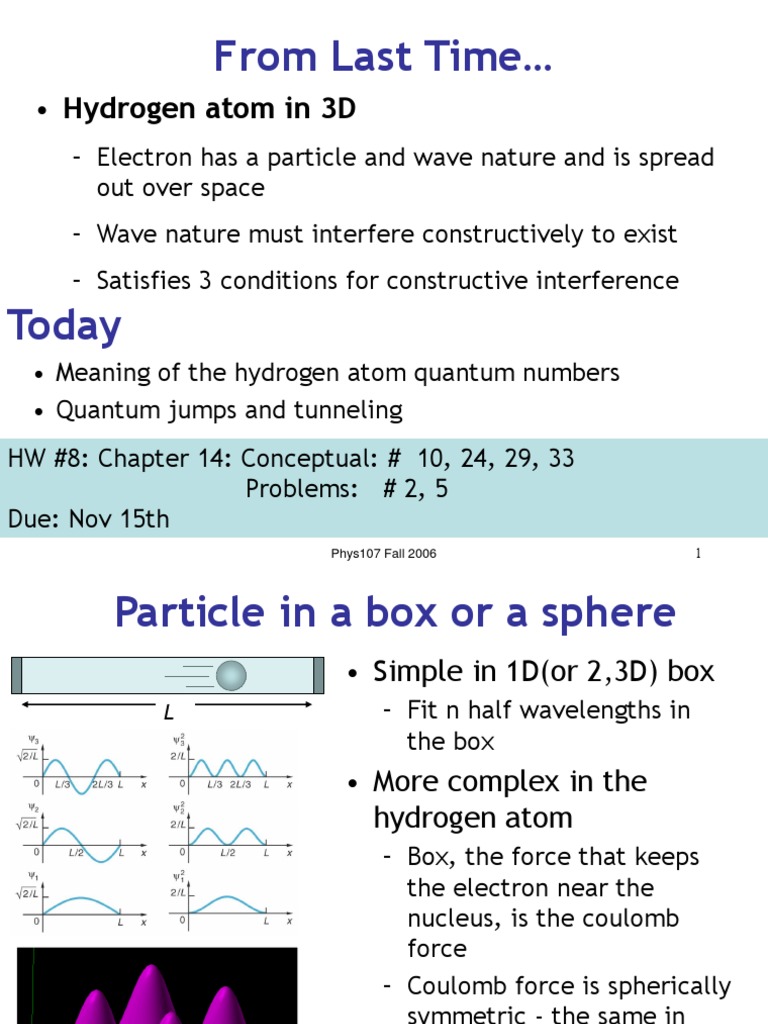From Last Time : - Hydrogen Atom in 3D | PDF | Wave Function | Quantum ...