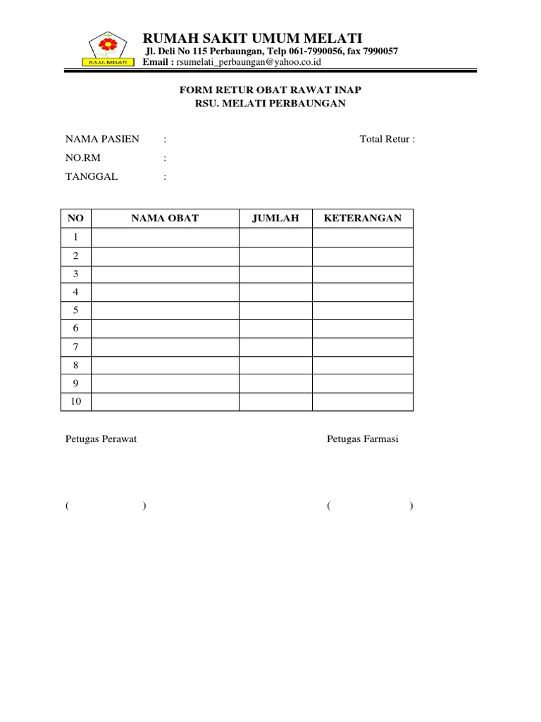 Formulir Retur Obat Rawat Inap RSU Melati | PDF