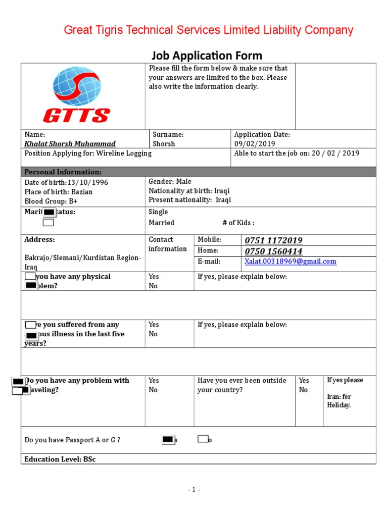 Job Application Form: Great Tigris Technical Services Limited Liability ...