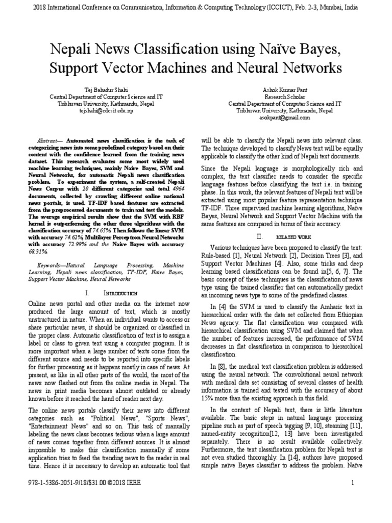 Nepali News Classification | PDF | Support Vector Machine | Artificial Neural Network