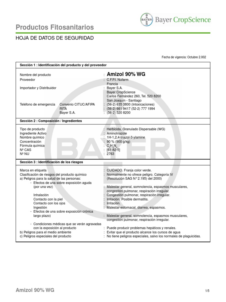 Hoja de Seguridad Amizol 90% WG | PDF | Agua | Química