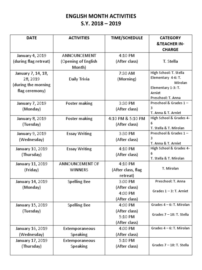 English Month Activities 2018-2019 | PDF