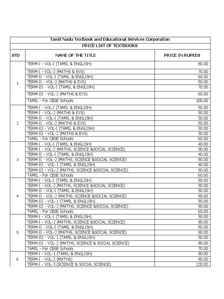 TN Text Book Price List | PDF | Tamil Nadu | Textbook
