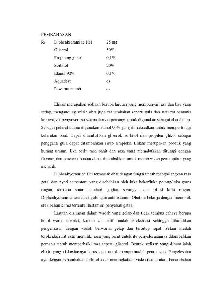 Eliksir Diphenhidramine HCl: Evaluasi Formulasi | PDF