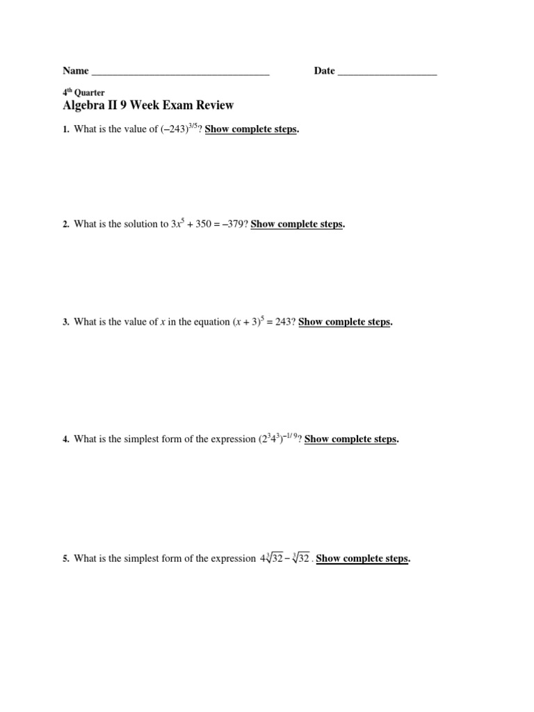Algebra II Nine Week Exam Review (4th Quarter) | PDF | Function ...