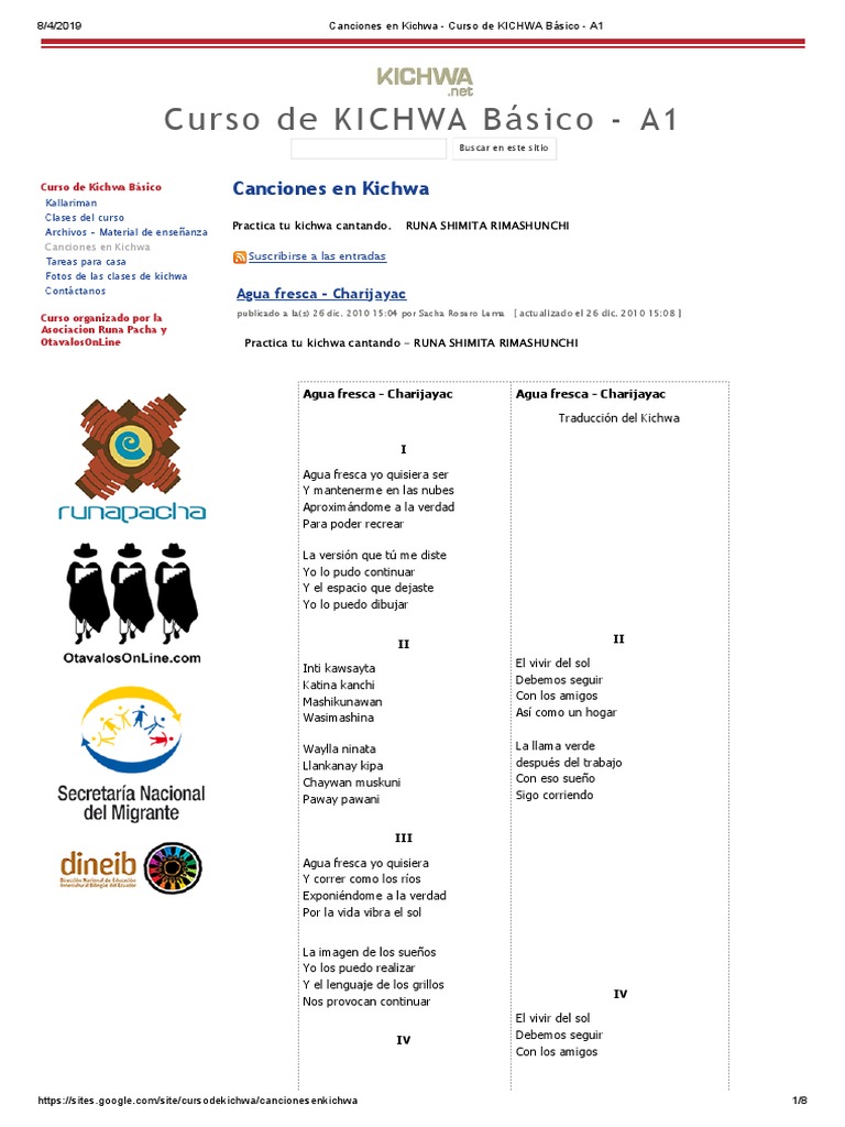 Canciones En Kichwa Curso De Kichwa Básico A1 Pdf Pdf Andes