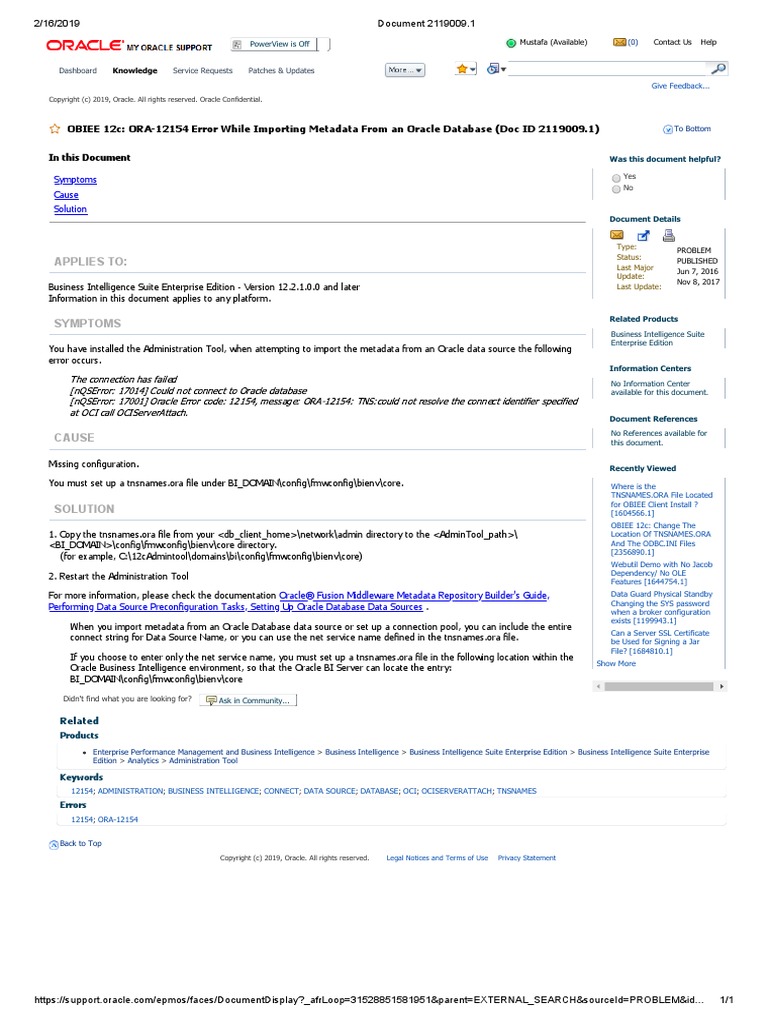 Document 2119009.1 OBIEE 12C Connection | PDF | Oracle Database | Business Intelligence