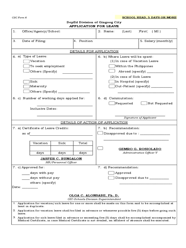 LEAVE FORM 6 School Heads 5 or More | PDF | Government Information | Social Institutions