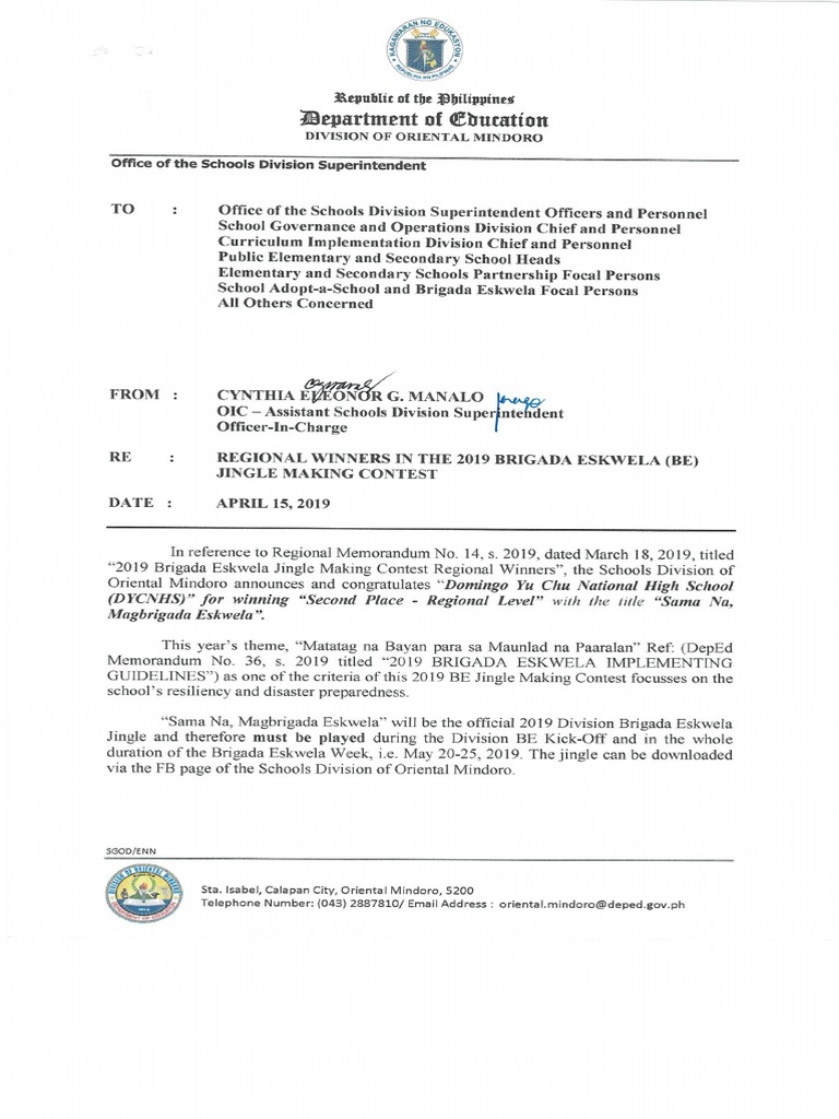Regional Winners in The 2019 Brigada Eskwela (BE) Jingle Making Contest ...