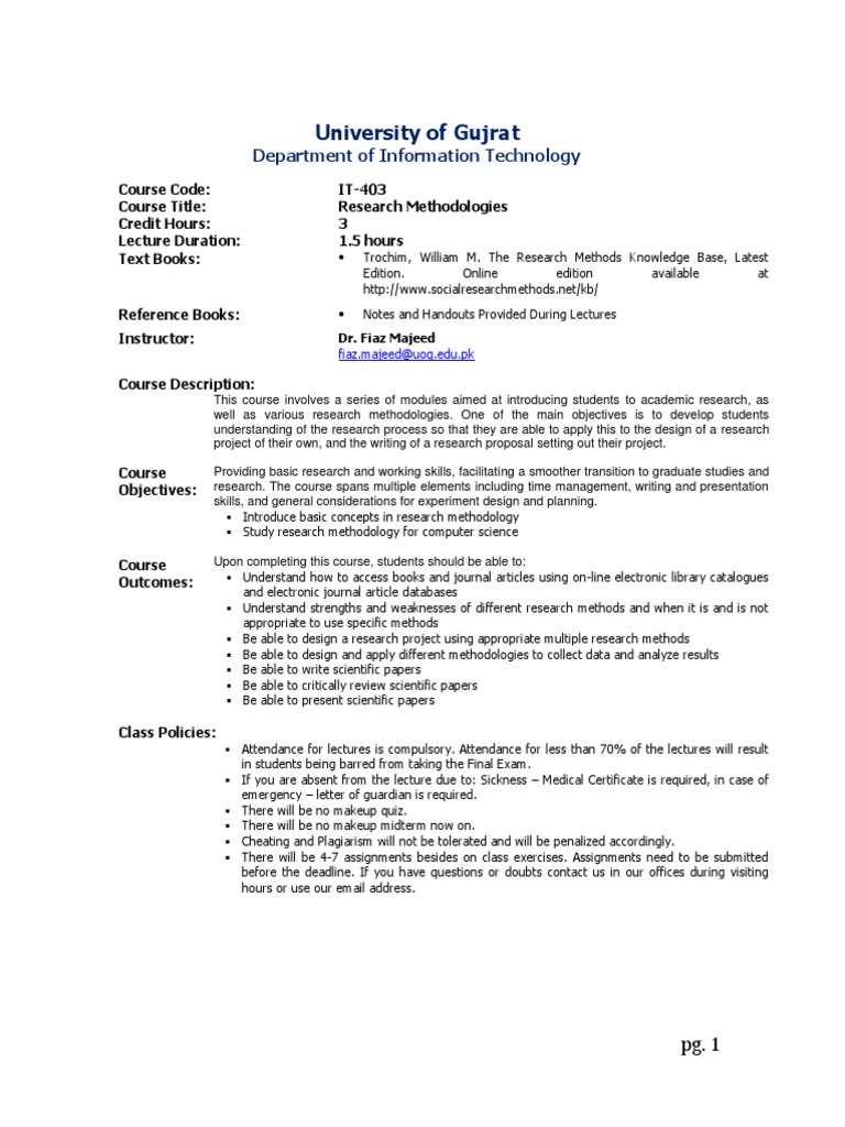 IT-403 Research Methods CourseOutline | PDF | Thesis | Scientific Method
