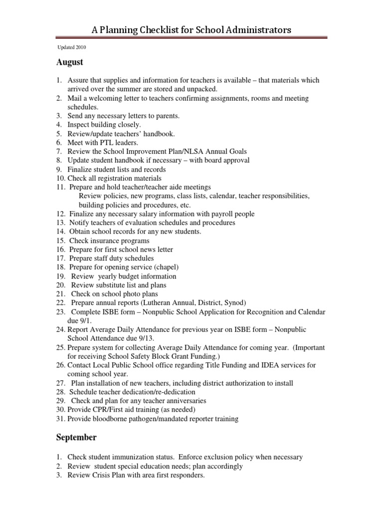 School Administrators' Planning Checklist | PDF | Teachers | Government