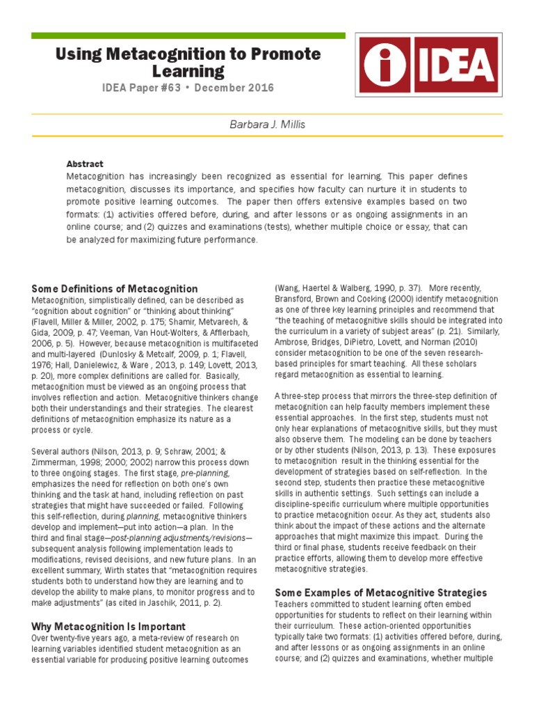 Using Metacognitive To Promote Learning | PDF | Metacognition | Test ...