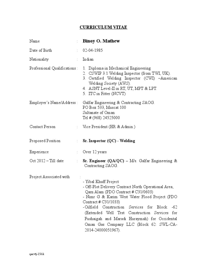 Binoy O Mathew | PDF | Nondestructive Testing | Quality Assurance