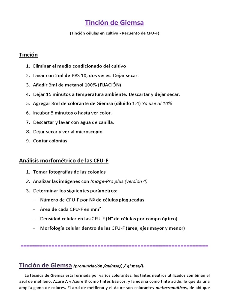 Protocolo Tincion CFU-F Giemsa | PDF | Tinción | Ácido