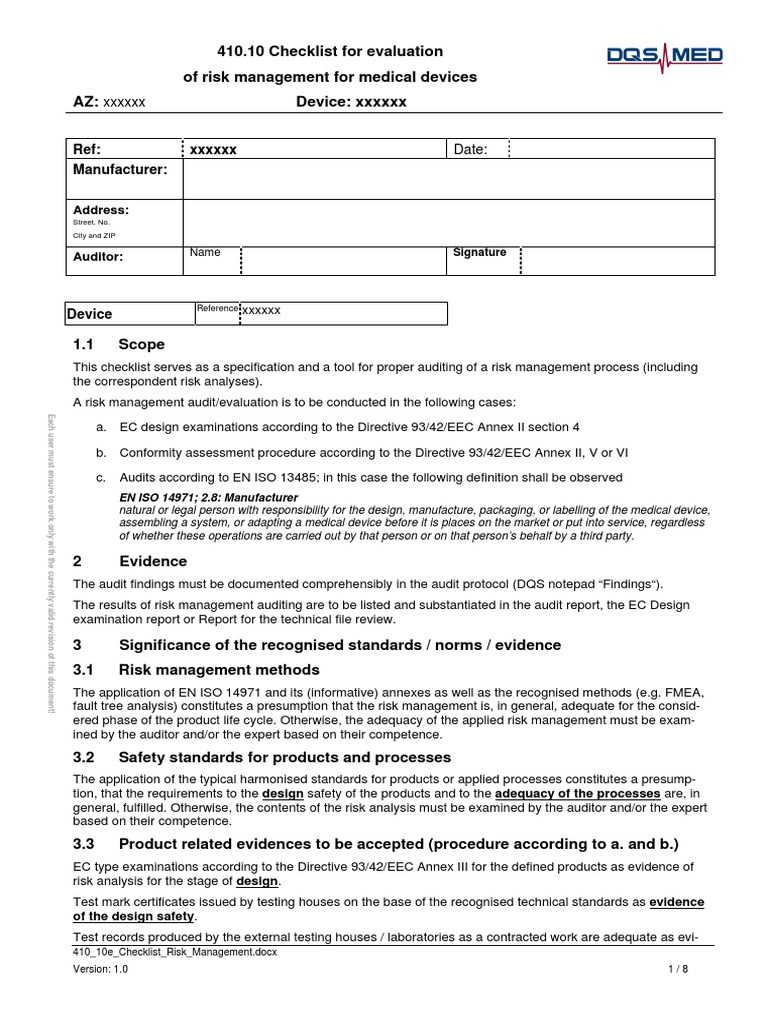 Medical Device Risk Management Checklist | PDF | Medical Device | Risk ...