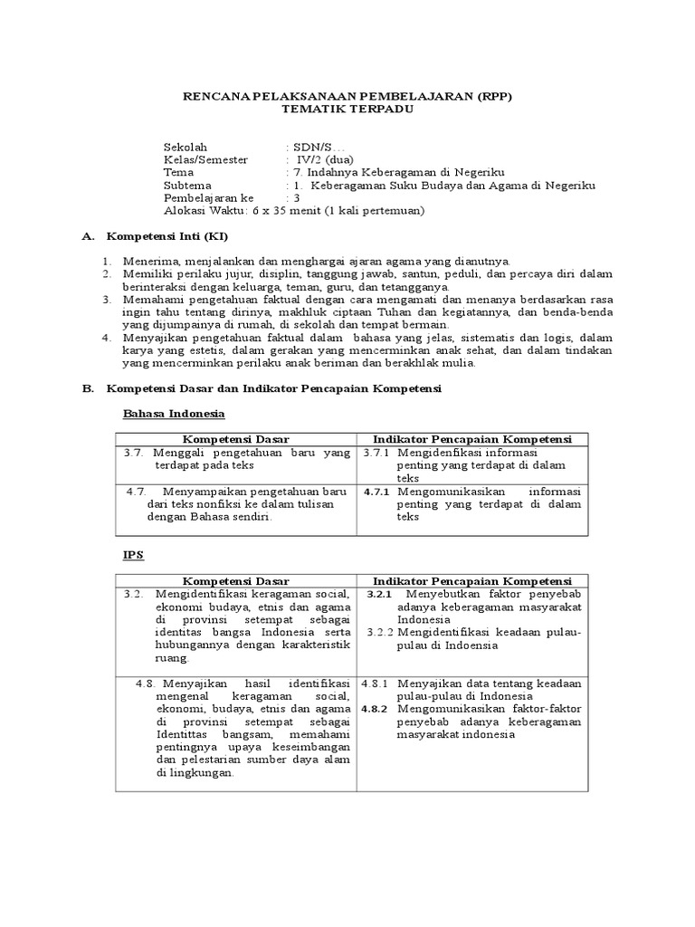 Contoh RPP Kelas Iv | PDF