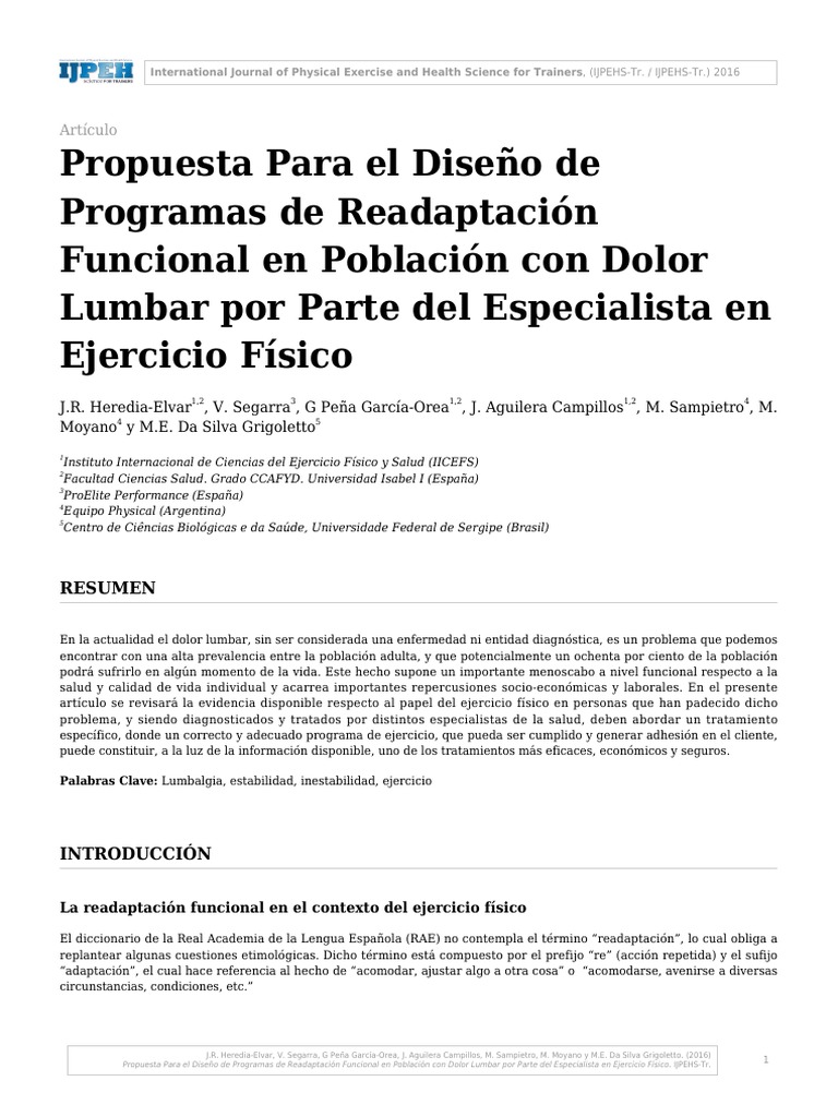 Propuesta para El Diseño de Programas de Readaptación Funcional en Población Con Dolor Lumbar ...