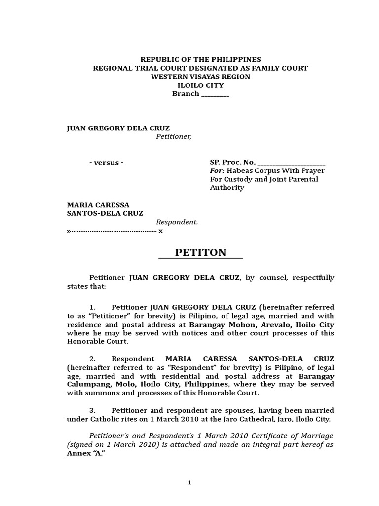 Petition For Issuance of Writ of Habeas Corpus | PDF | Child Custody ...