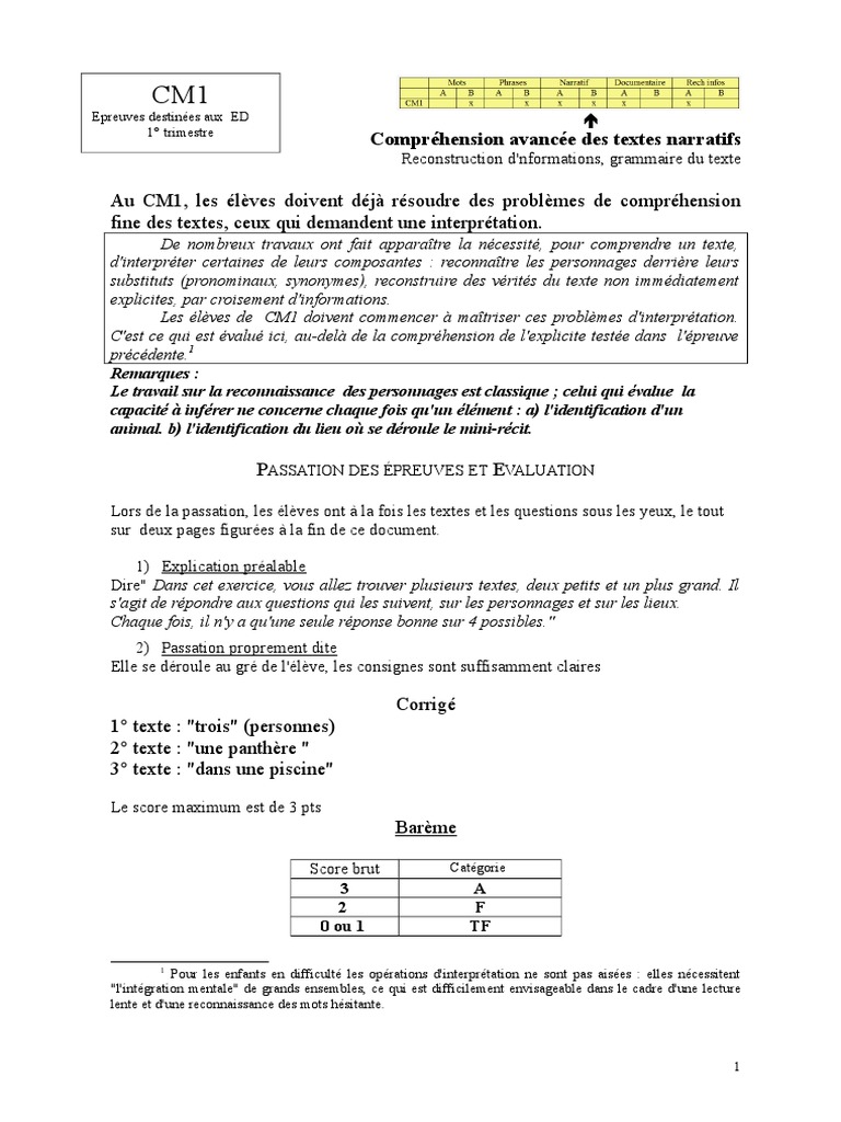 Compréhension de texte CM1 avec corrigé | PDF
