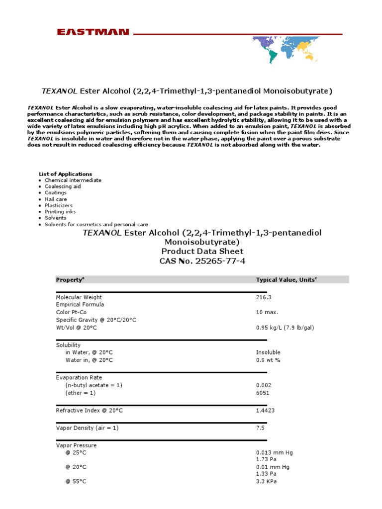 3-TEXANOL Ester Alcohol | PDF | Paint | Solubility