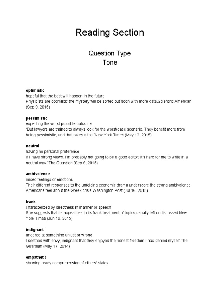 Reading Section: Question Type Tone | PDF | Pessimism | Empathy