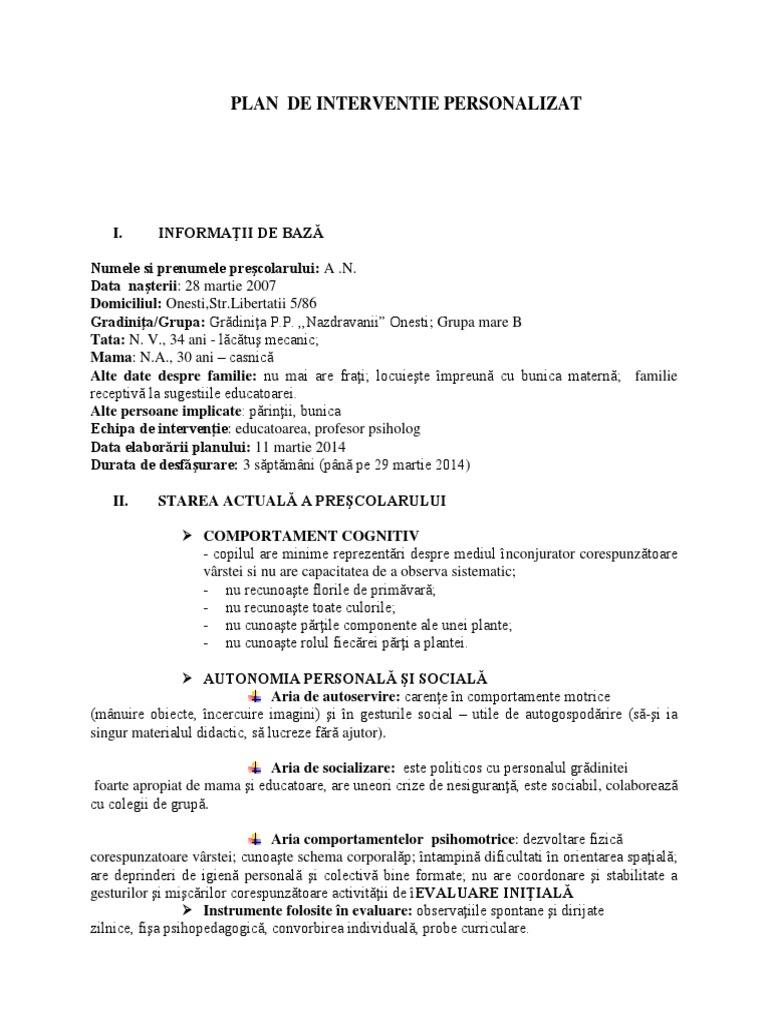 Plan de Interventie Personalizat | PDF