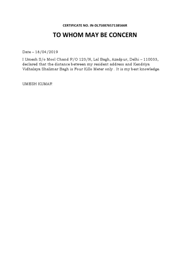 To Whom May Be Concern: CERTIFICATE NO. IN-DL75087657138566R | PDF