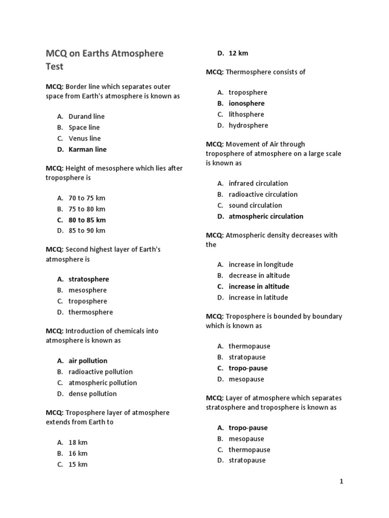 MCQ On Earths Atmosphere TestQuiz PDF | PDF | Atmosphere Of Earth ...