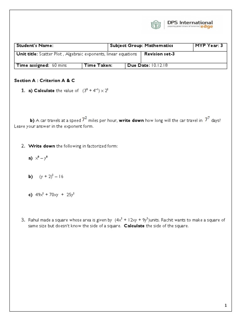 MYP Year 3 Math Revision Worksheet | PDF | Exponentiation | Equations