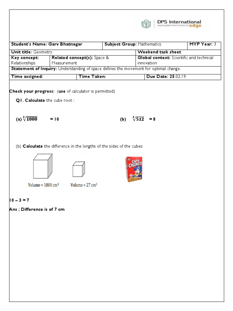 MYP 3 Task Sheet 24 1 | PDF | Volume | Geometry