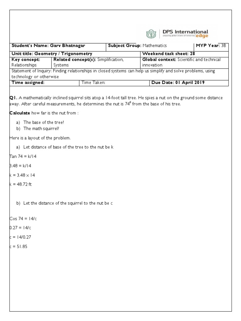 MYP 3 Task Sheet 28 | PDF | Angle | Teaching Mathematics