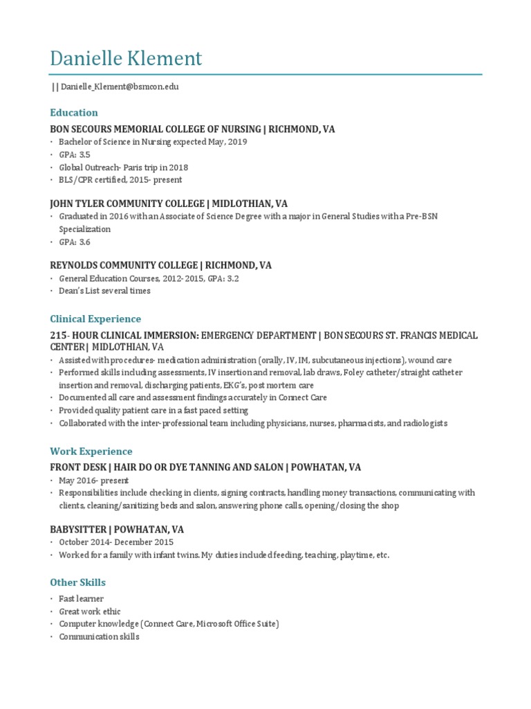 Danielle Klement - Nursing Student Profile | PDF | Science & Mathematics