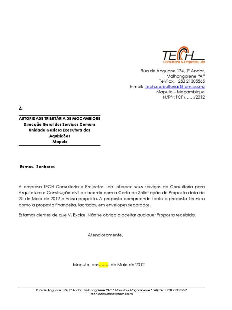 Modelo de apresentação- Proposta técnica.docx | Moçambique | Consultor