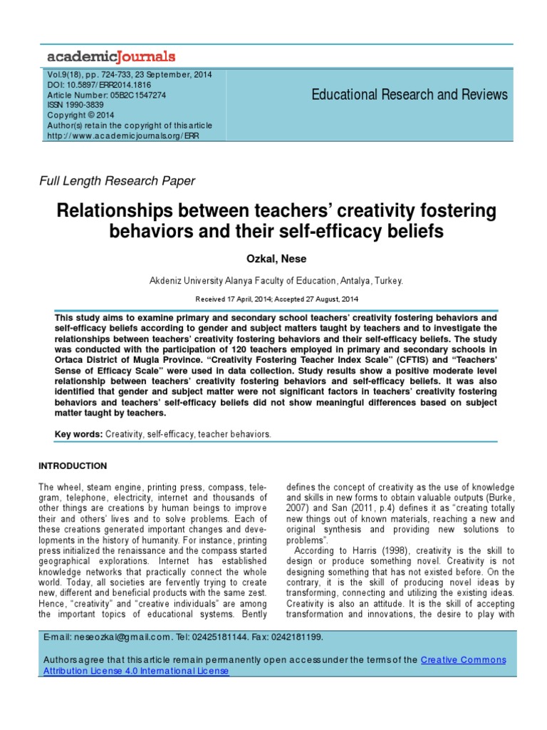 Relationships Between Teachers' Creativity Fostering Behaviors and ...
