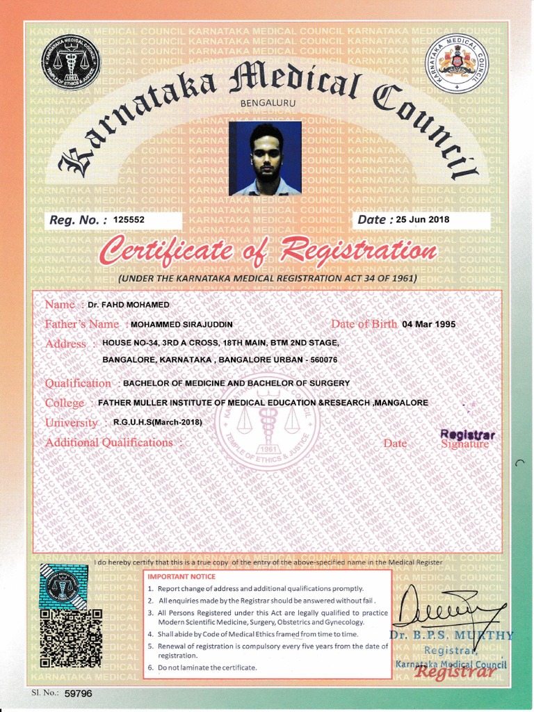 KMC Registration Certificate | PDF | Health Education | Medical Education
