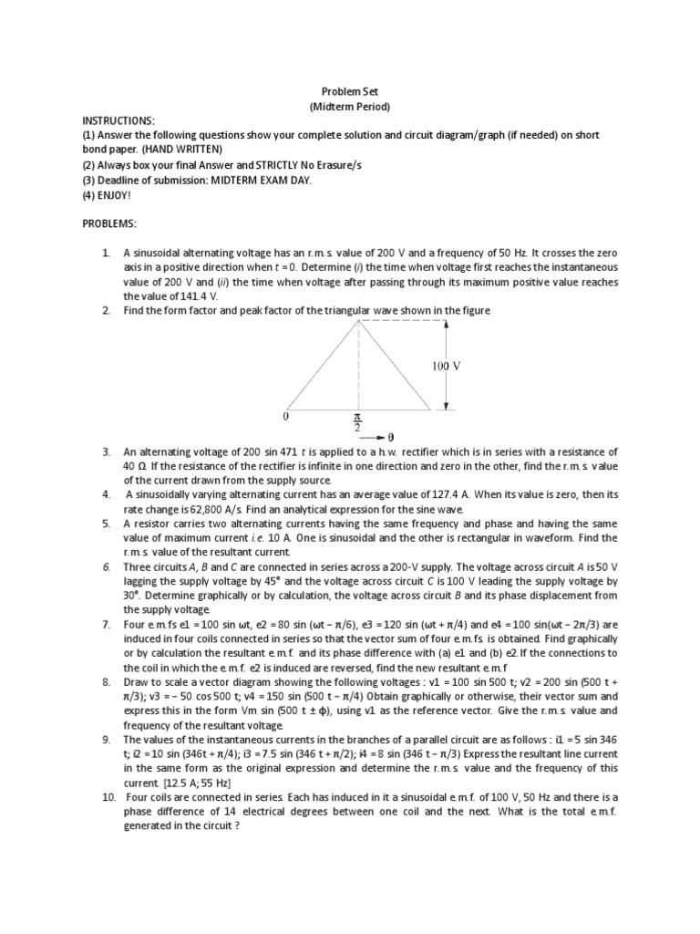 Midterm Problem Set: AC Circuits Analysis | PDF | Root Mean Square | Alternating Current
