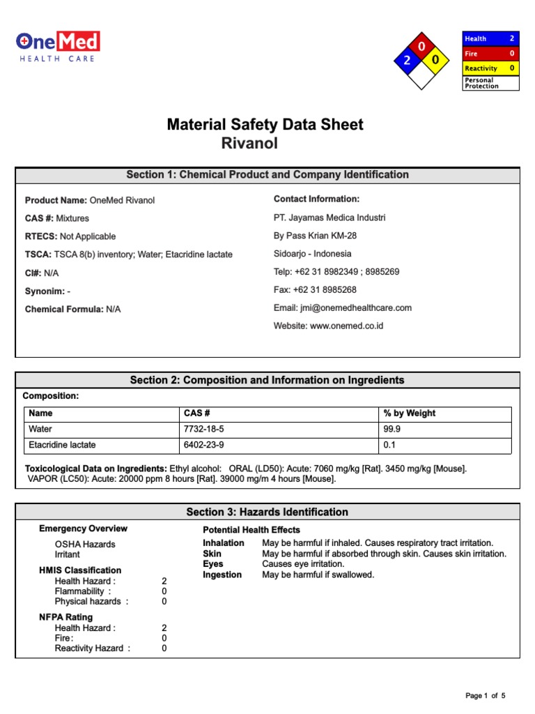 Material Safety Data Sheet: Rivanol | PDF | Personal Protective ...