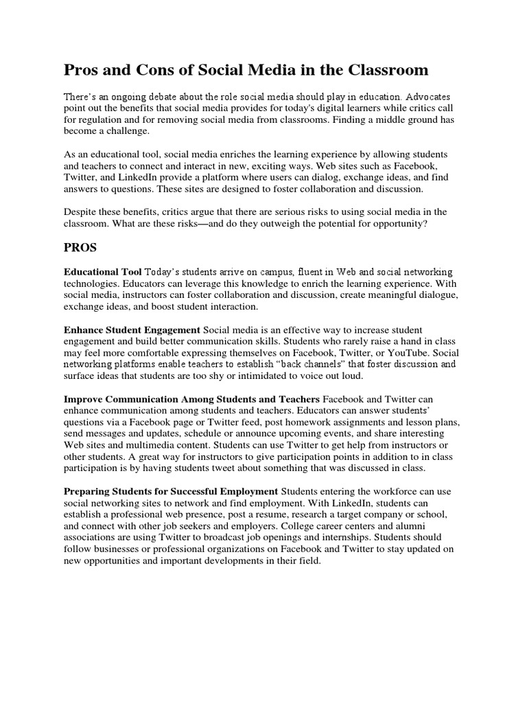 Pros and Cons of Social Media in The Classroom | PDF | Cyberbullying ...