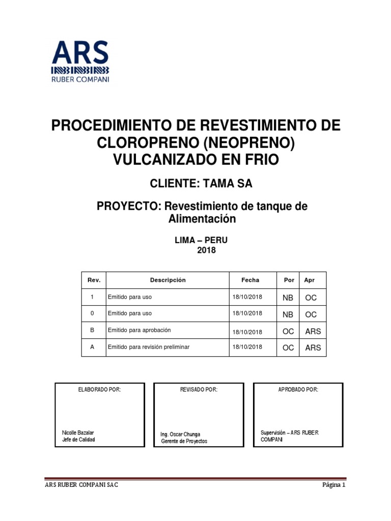 Procedimiento de Revestimiento de Cloropreno (Neopreno) Vulcanizado en ...