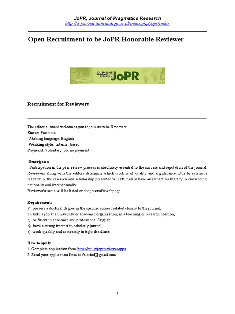 JOPR Reviewer Application Form | PDF | Academic Journal | Psychological ...