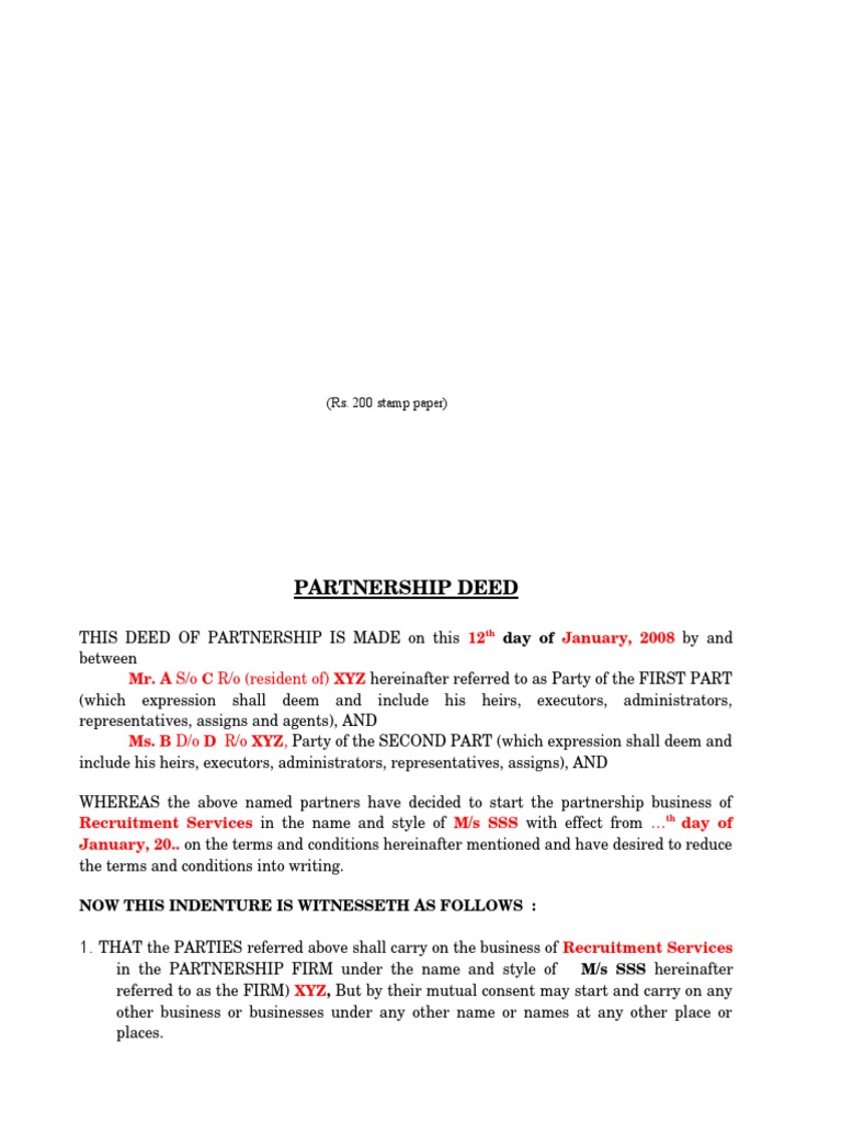 Sample Partnership Deed | PDF | Partnership | Government Finances