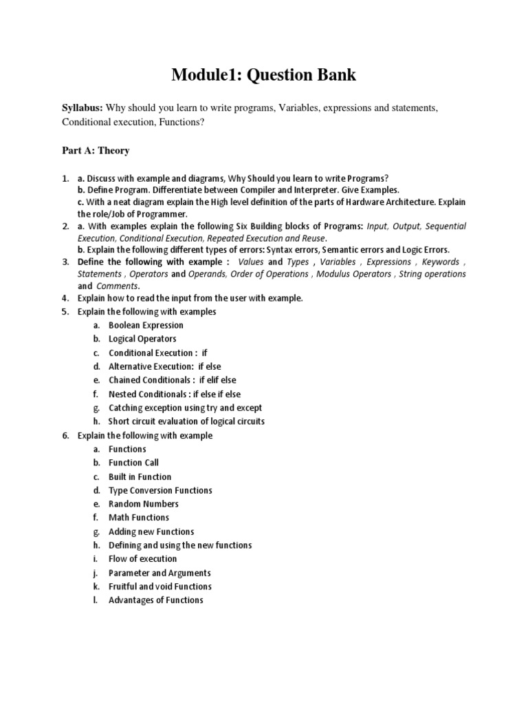 Module1: Question Bank: Syllabus: Why Should You Learn To Write Programs, Variables, Expressions ...