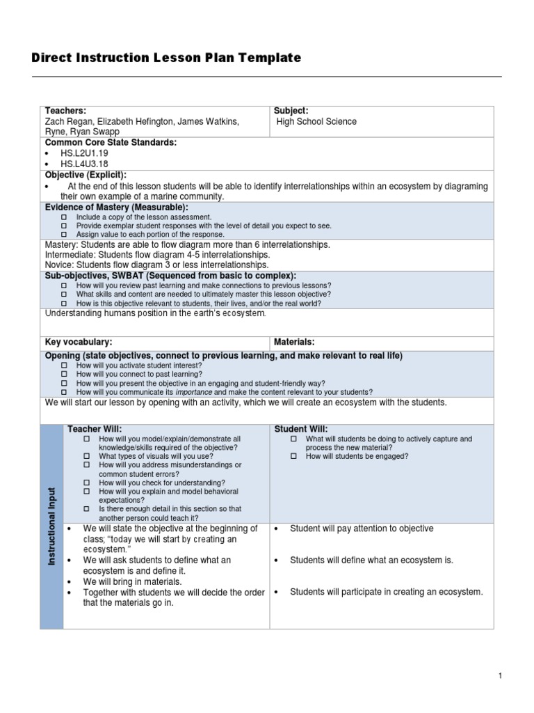 Direct Instruction Lesson Plan Template | PDF | Educational Assessment ...