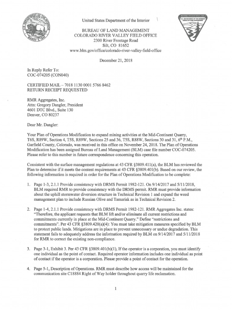 Dec 21 2018 BLM Letter To Rocky Mountain Resources With Requirements ...
