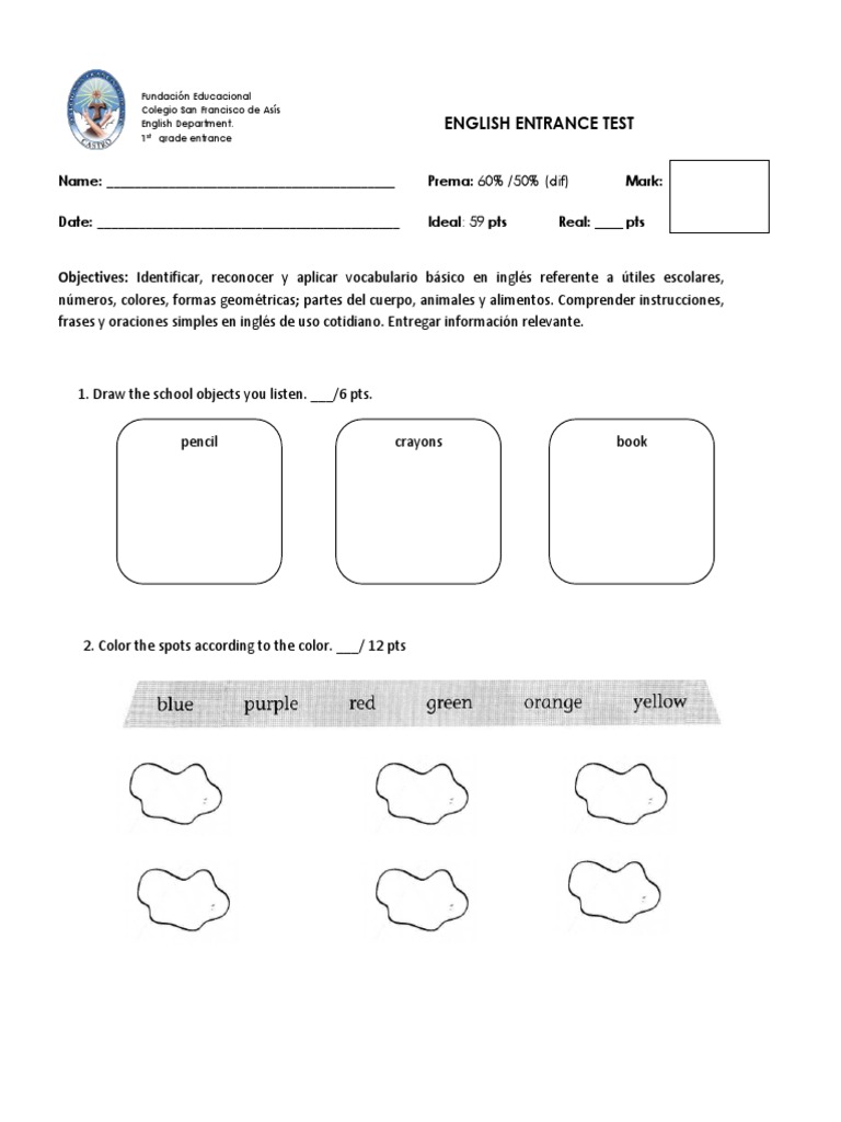 Grade 1 English Entrance Exam Worksheet | PDF | Language Arts & Discipline