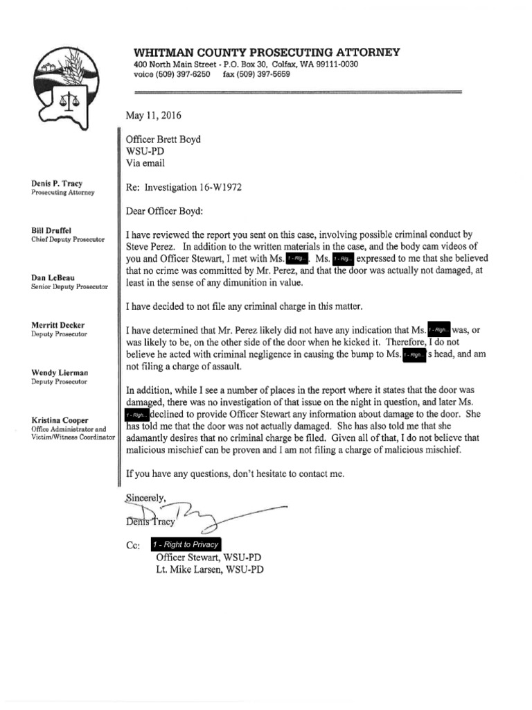 Prosecutor Letter Declining Charges in Perez Incident | PDF