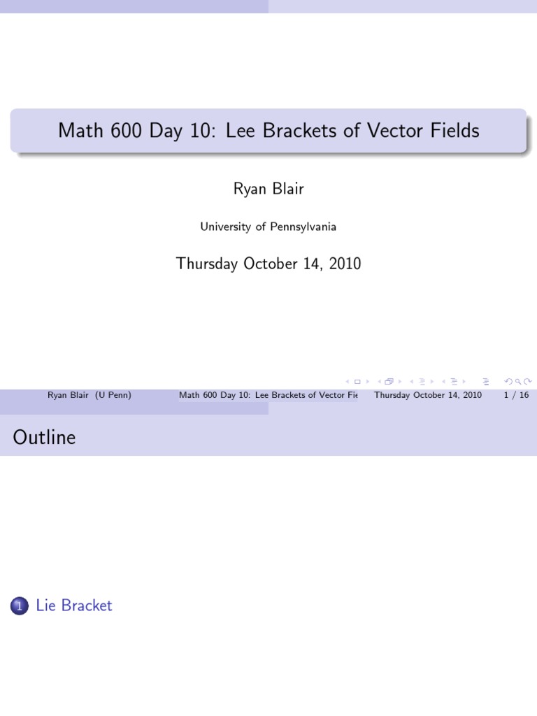 Math 600 Day 10: Lee Brackets of Vector Fields | PDF | Differentiable ...